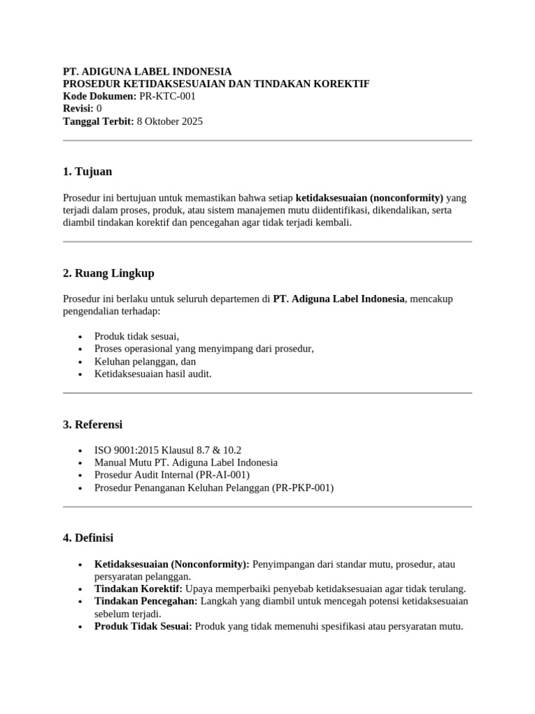 Prosedur Tindakan Korektif PT Adiguna | PDF