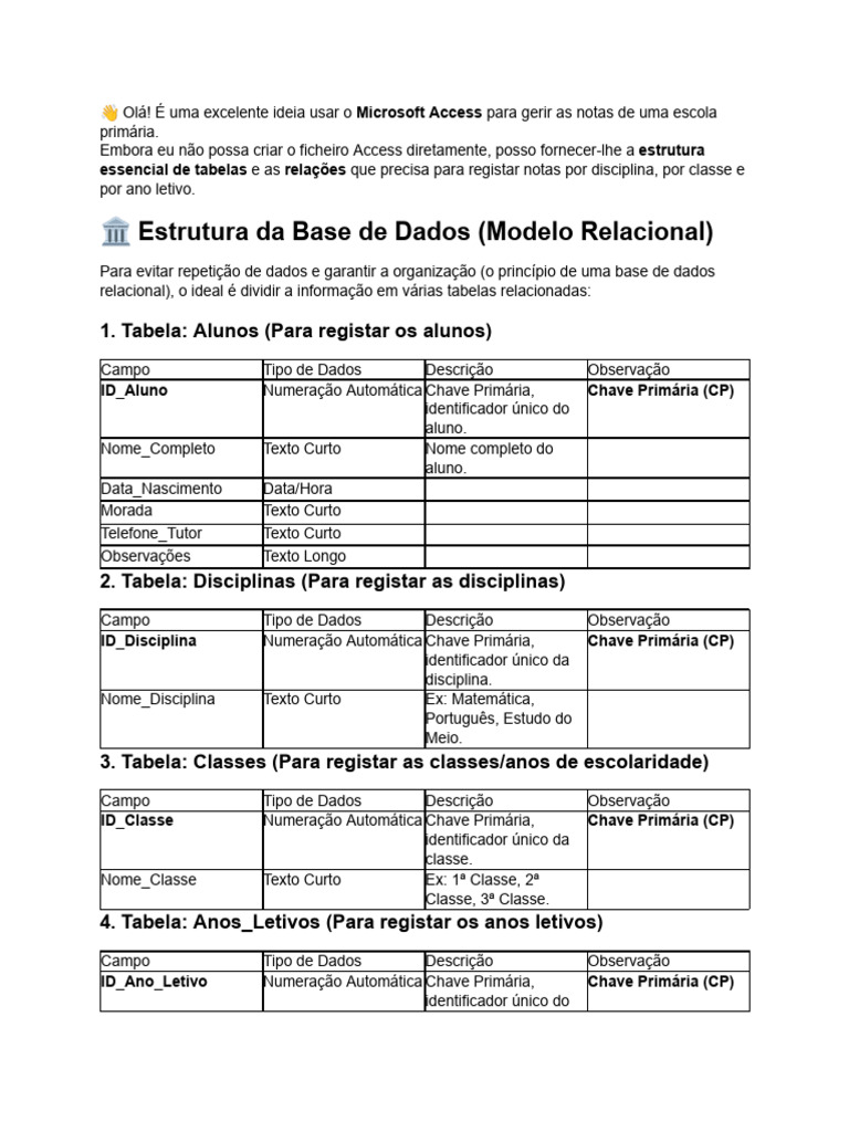 Um Exemplo de Base de Dados em Access para Escola ... | PDF | Modelo relacional | Bancos de dados