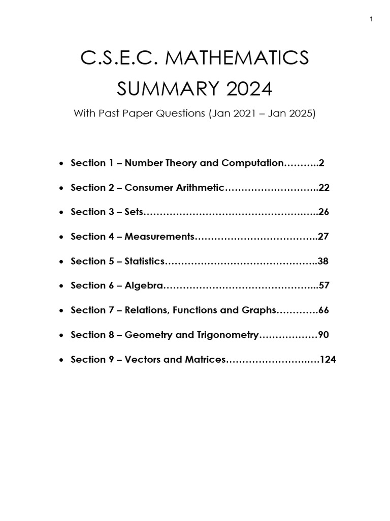CSEC Mathematics Summary 2024 Guide | PDF | Matrix (Mathematics ...