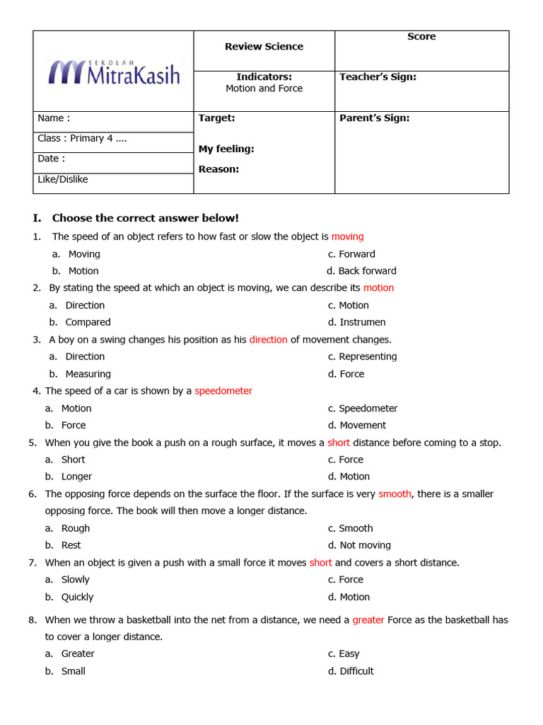REVIEW Motion and Force | PDF | Force | Speed