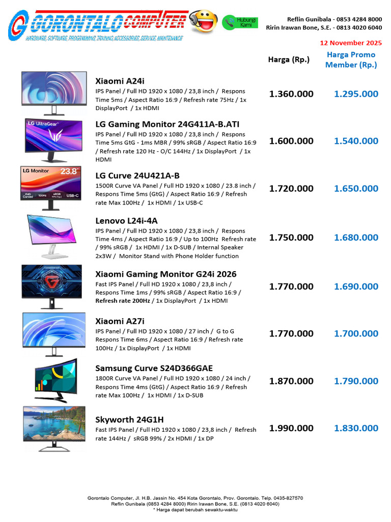 Daftar Harga Monitor - 12 November 2025 | PDF | Hdmi | Computer Monitor