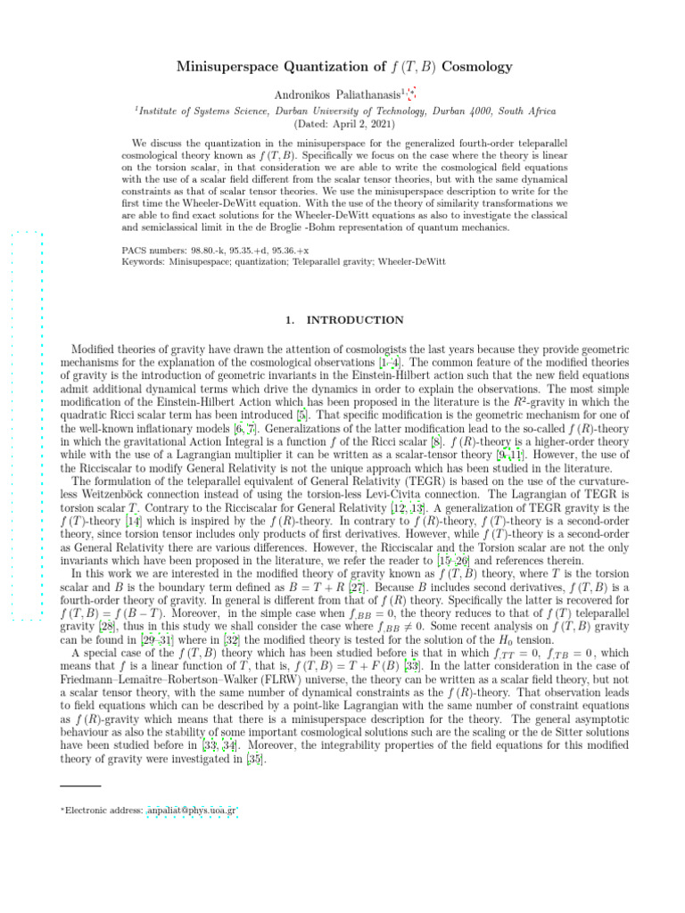 Minisuperspace Quantization of F (T, B) Cosmology Andronikos ...