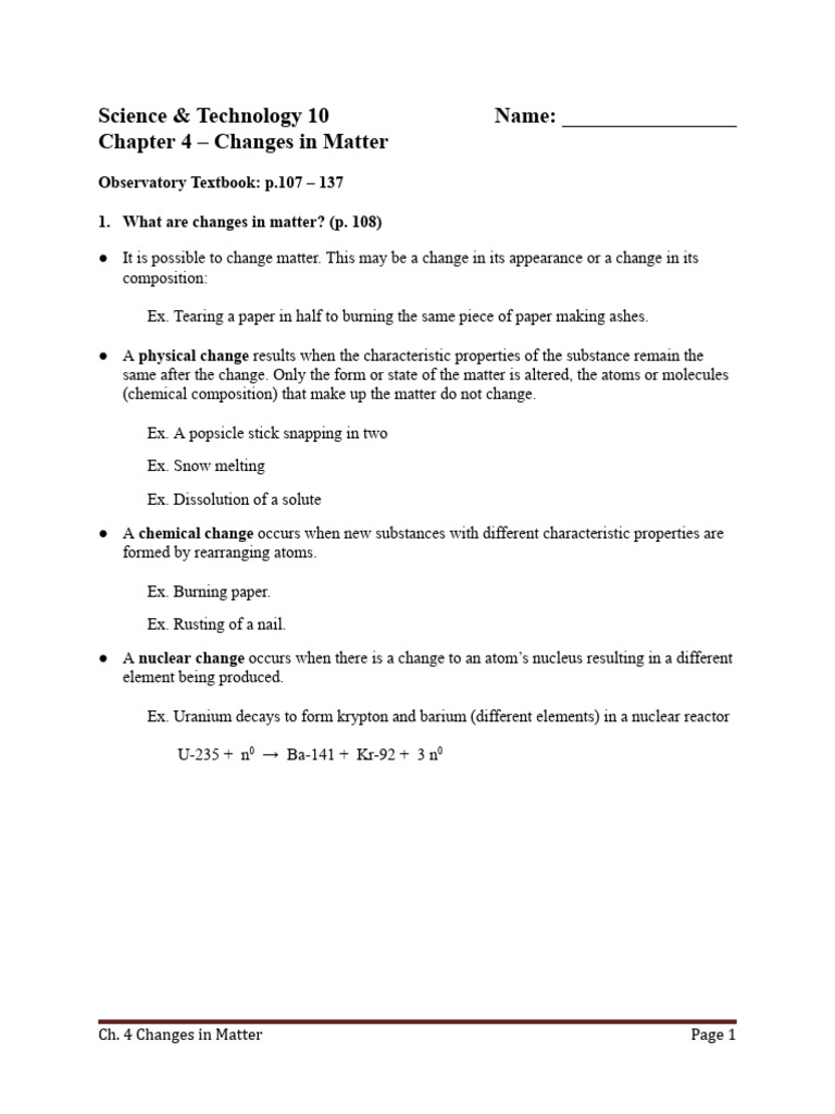 Ch. 4.1 Changes in Matter and Chemical Changes Notes | PDF | Chemical ...