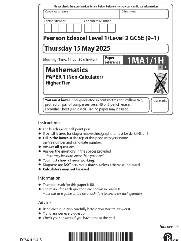 GCSE Maths Exam Paper 1 (Non-Calculator) | PDF | Area