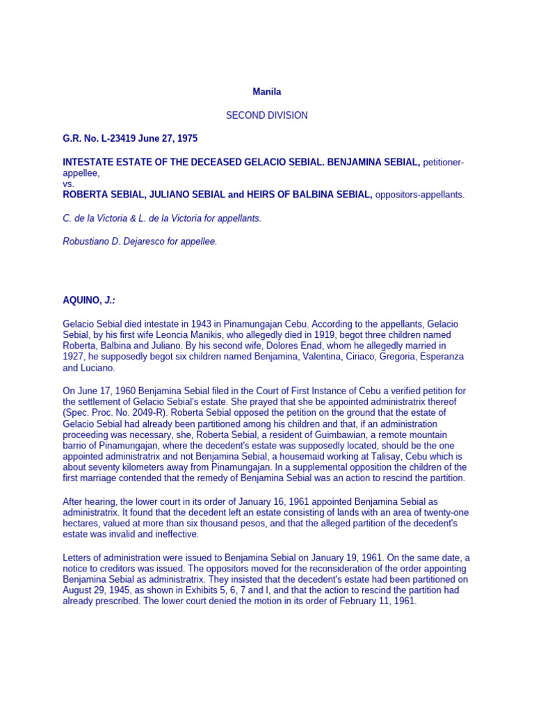 Sebial vs Sebial 64 Scra 385 | PDF | Probate | Private Law