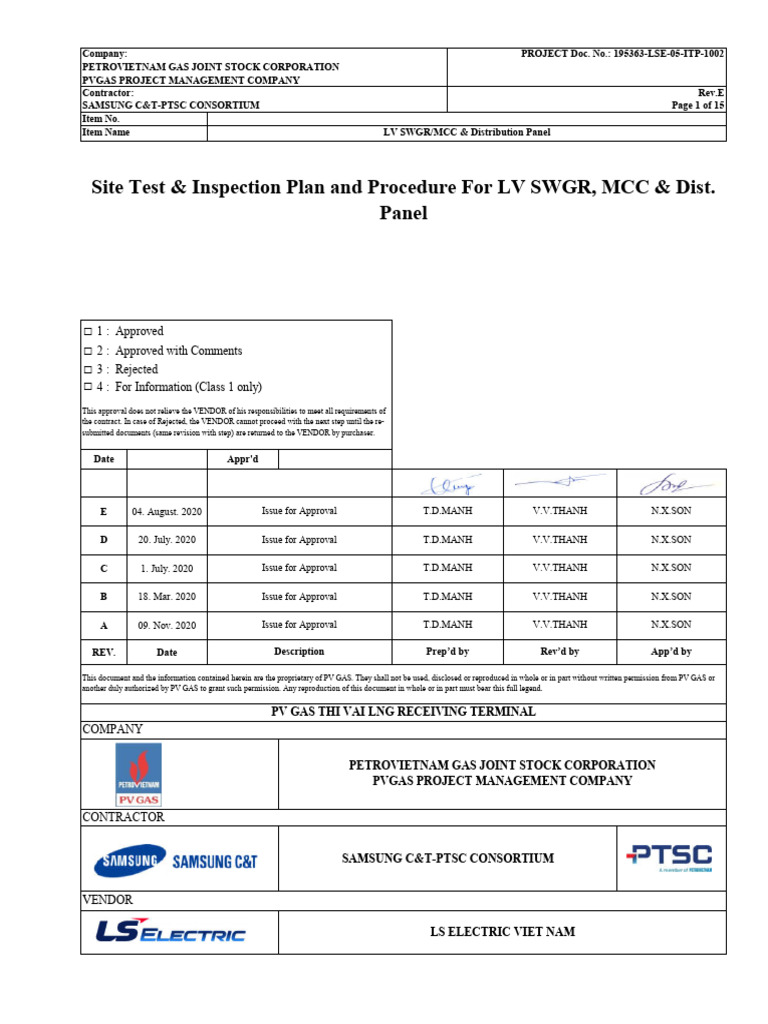 LV SWGR & MCC Inspection Procedure | PDF | Transformer | Switch