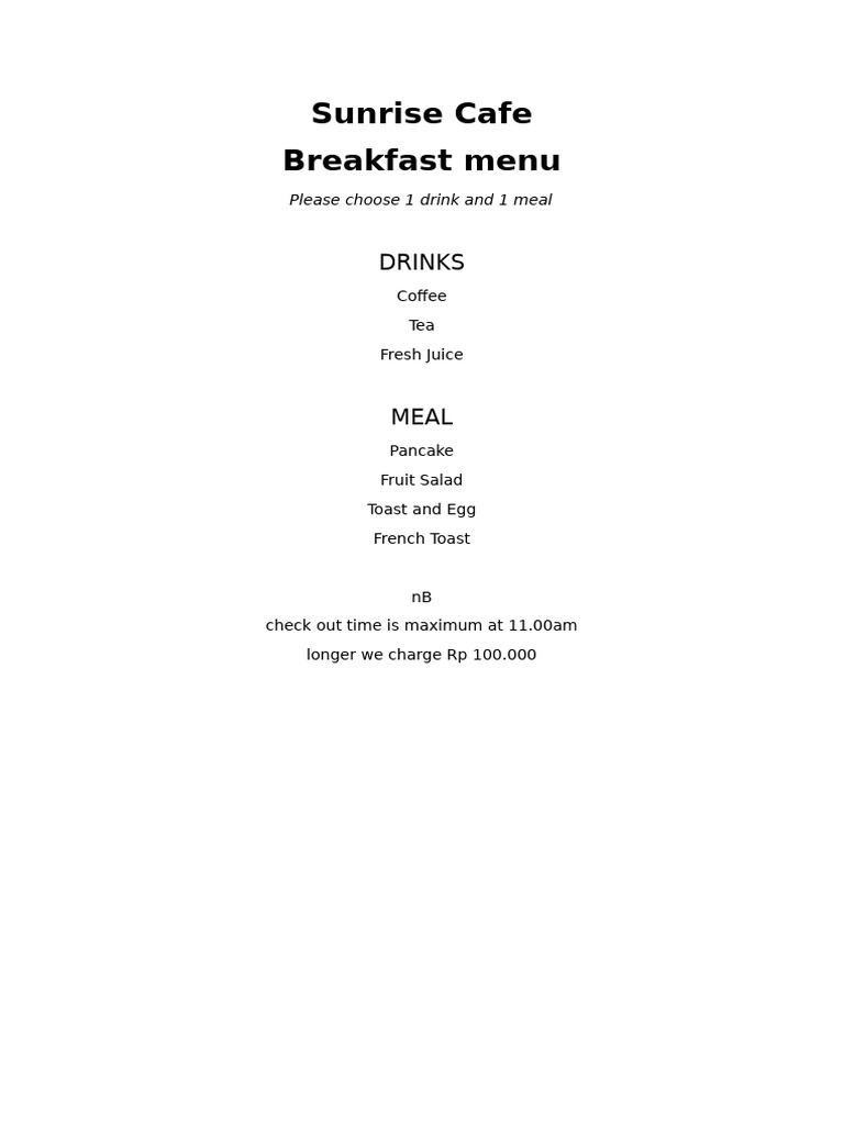 Sunrise Cafe Breakfast Menu Options | PDF