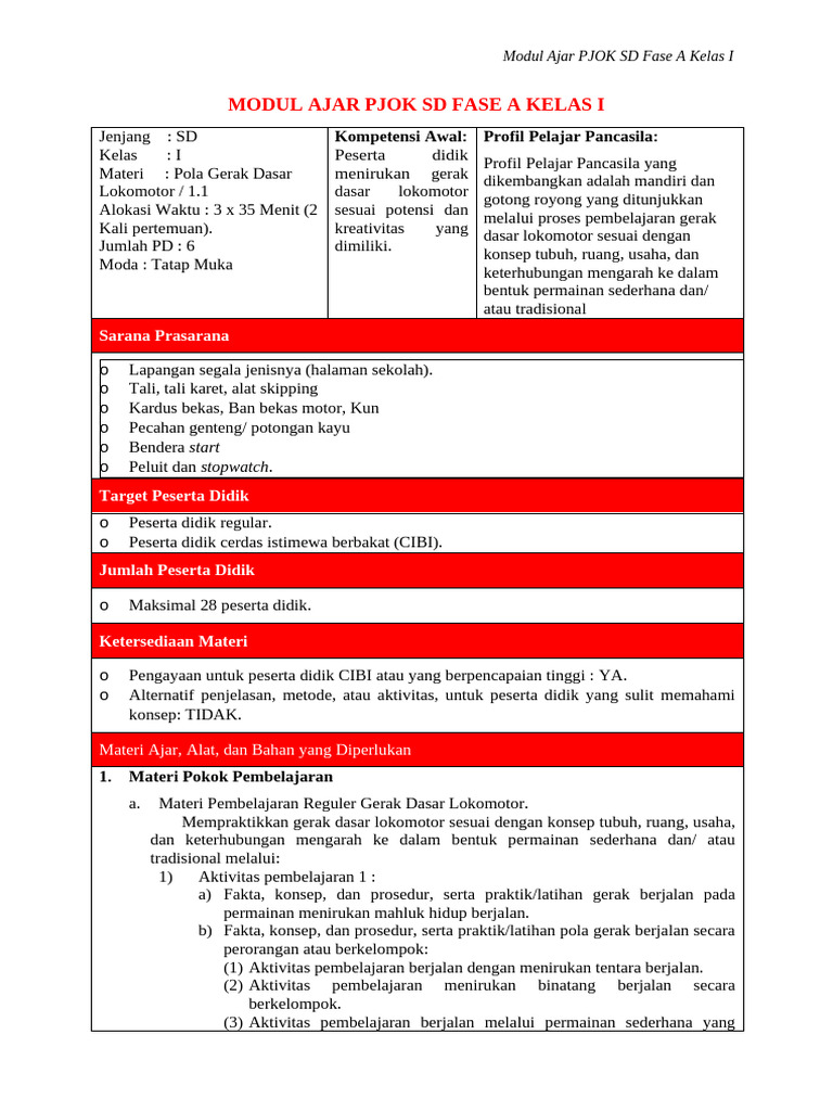 PJOK_SD_FASE A KELAS I_01 POLA GERAK DASAR LOKOMOTOR SDN Dero 3 | PDF