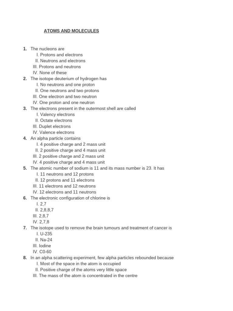 Atoms and Molecules Quiz Answers | PDF