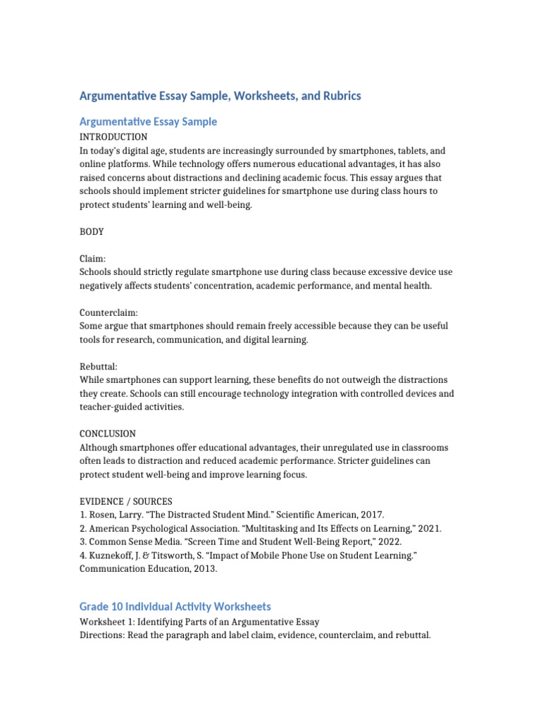 Argumentative_Essay_Worksheets_Rubrics | PDF | Smartphone | Well Being