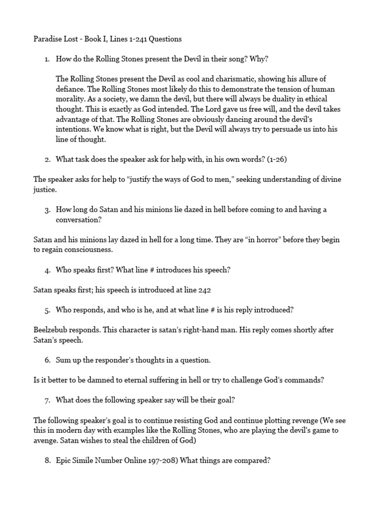 Paradise Lost - Book I, Lines 1-241 Questions (1) | PDF