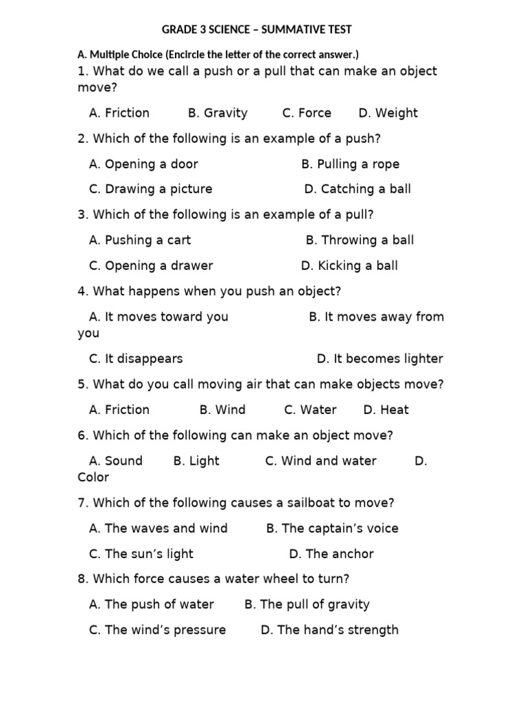 Grade3 Science Summative Test | PDF | Force | Friction