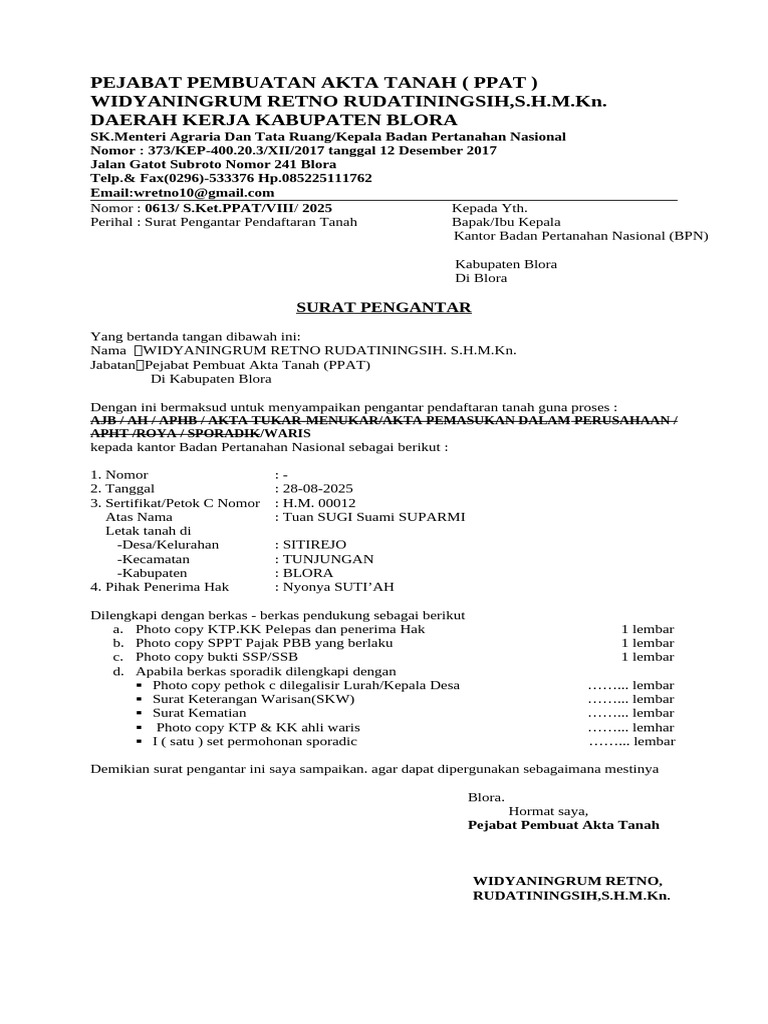 Surat Pengantar Pendaftaran Tanah Blora | PDF