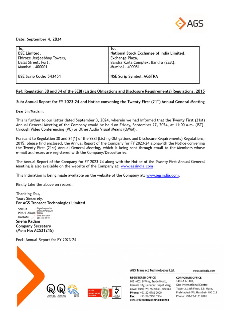 AGS Transact Technologies Annual Report 2023-24 | PDF | Banks ...