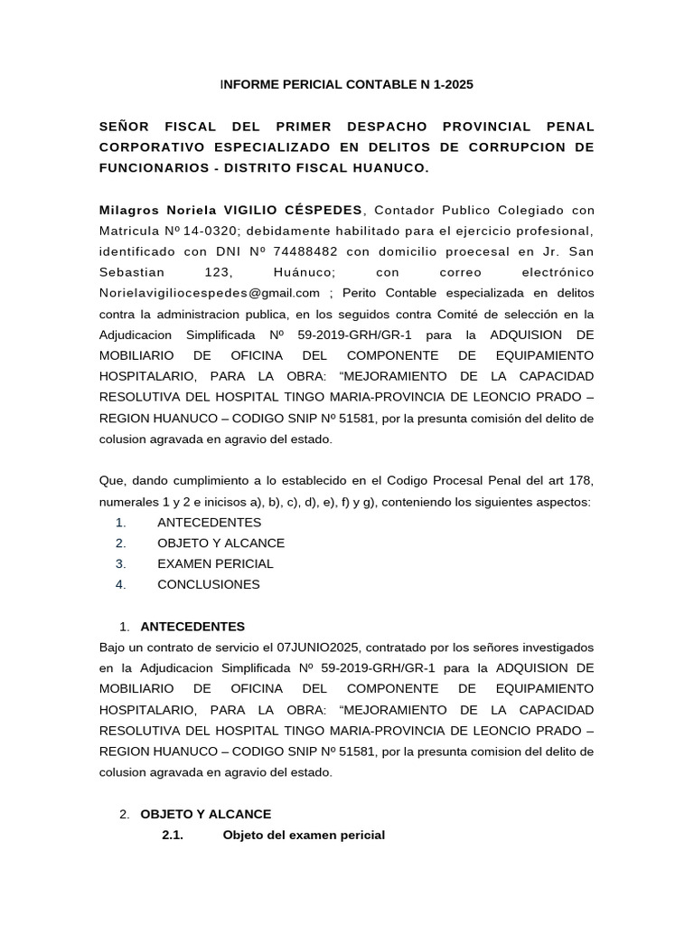 INFORME PERICIAL CONTABLE N 1- NORY | PDF | Presupuesto | Contabilidad