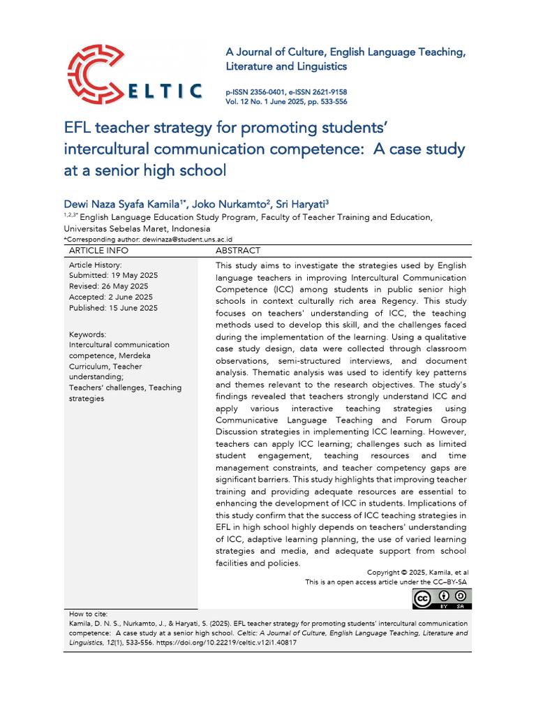EFL Teacher Strategy for Promoting Students’ Intercultural ...