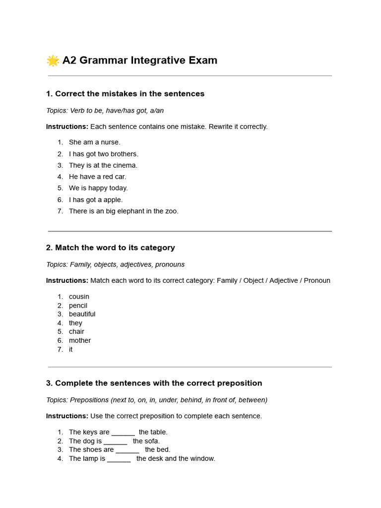 ? A2 Grammar Integrative Exam | PDF | Object (Grammar) | Pronoun