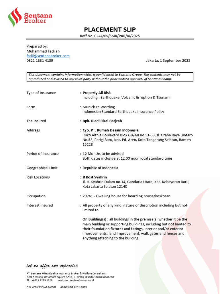 Konfirmasi Placing Slip - PAR - Riadi Rizal Basjrah | PDF | Indonesian ...