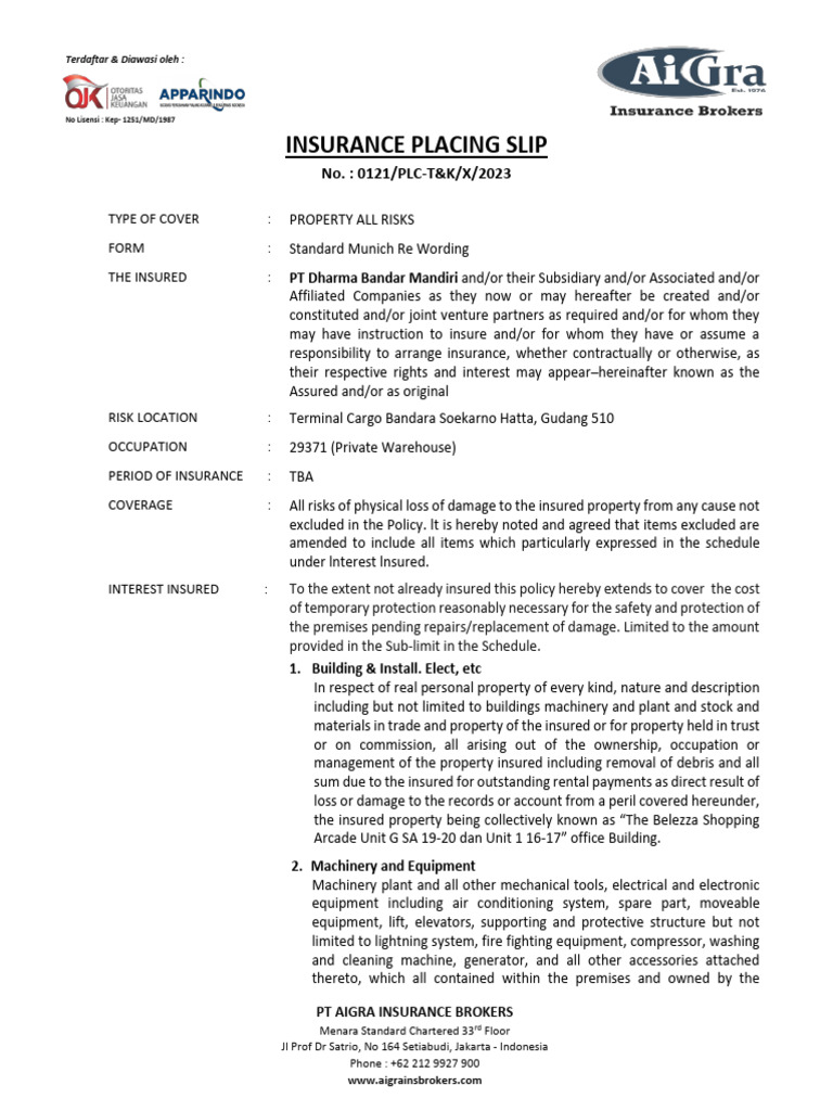Property All Risks Insurance Slip | PDF | Insurance