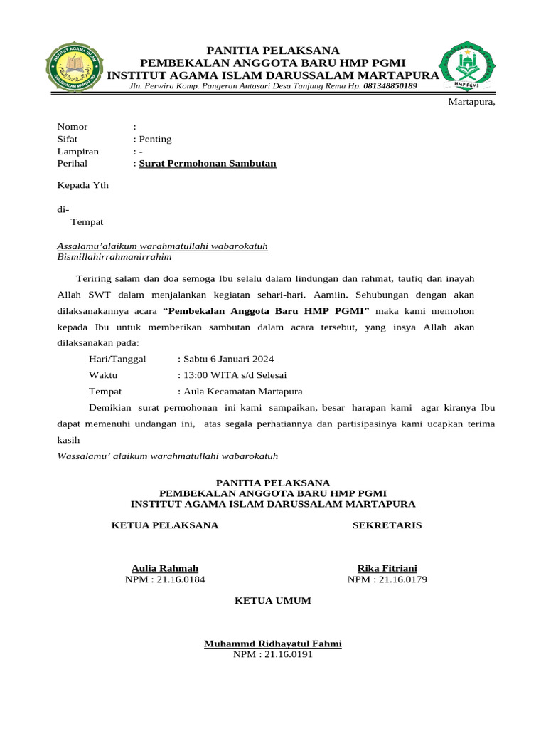 Contoh Surat Sambutan | PDF
