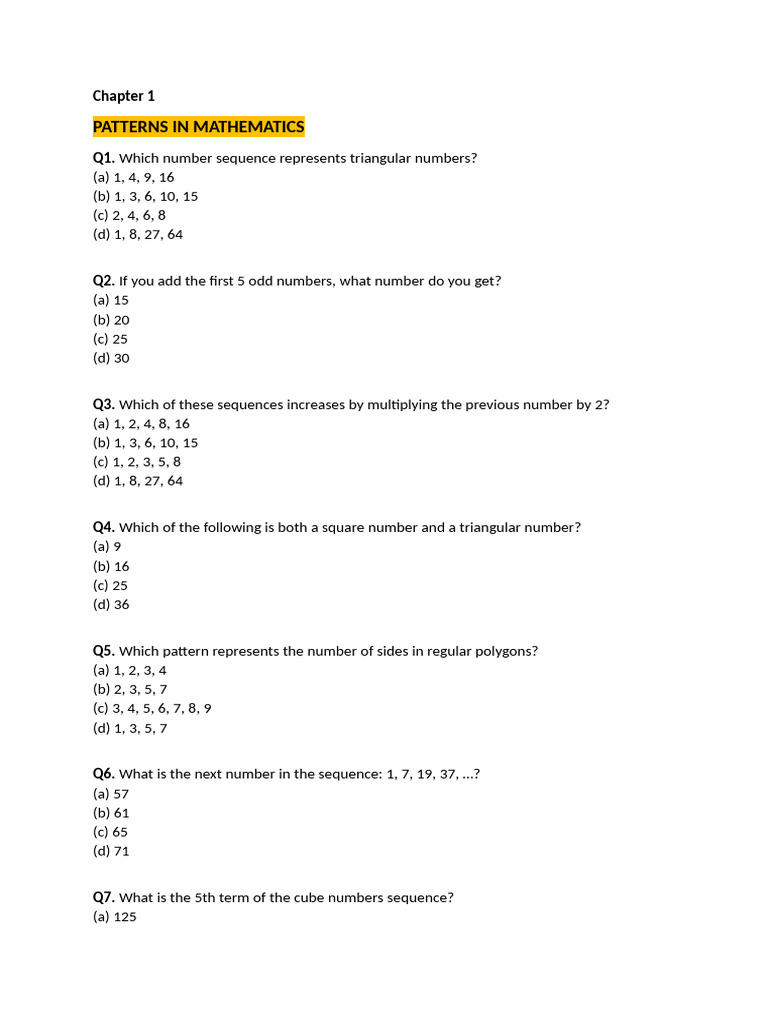 Math Patterns and Sequences Quiz | PDF | Rectangle | Triangle