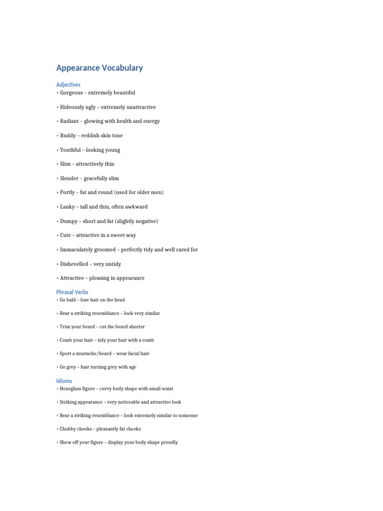 Appearance Vocabulary: Descriptive Terms | PDF