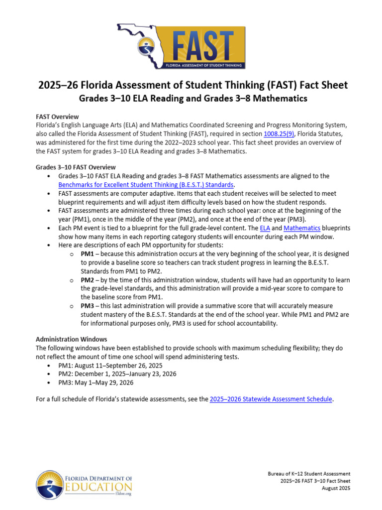 2025-26 FAST Assessment Overview | PDF | Learning