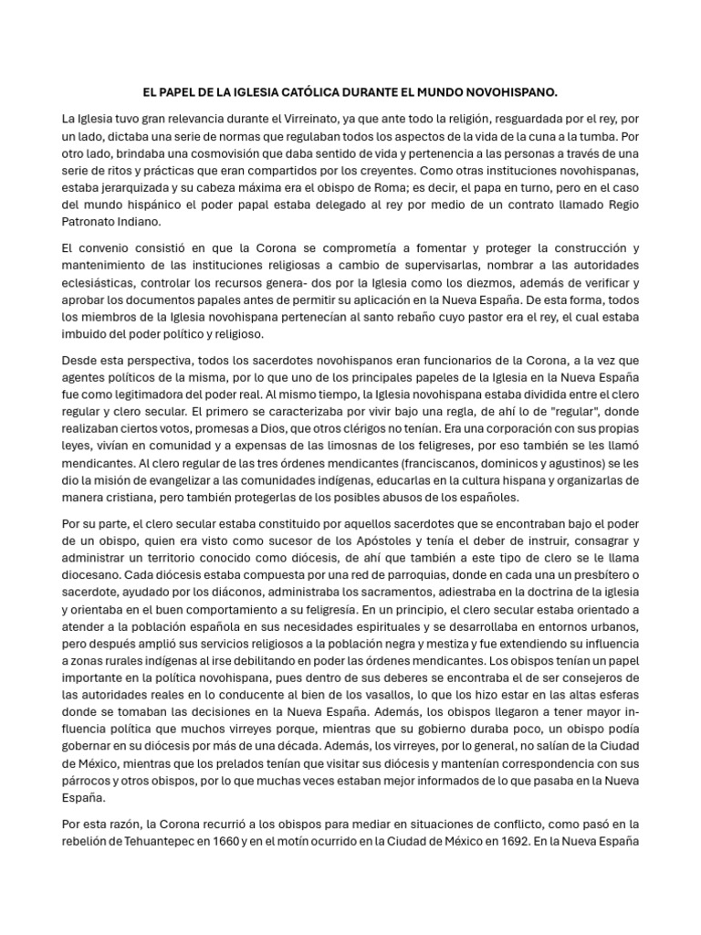 El Papel de La Iglesia Católica Durante El Mundo Novohispano | PDF ...