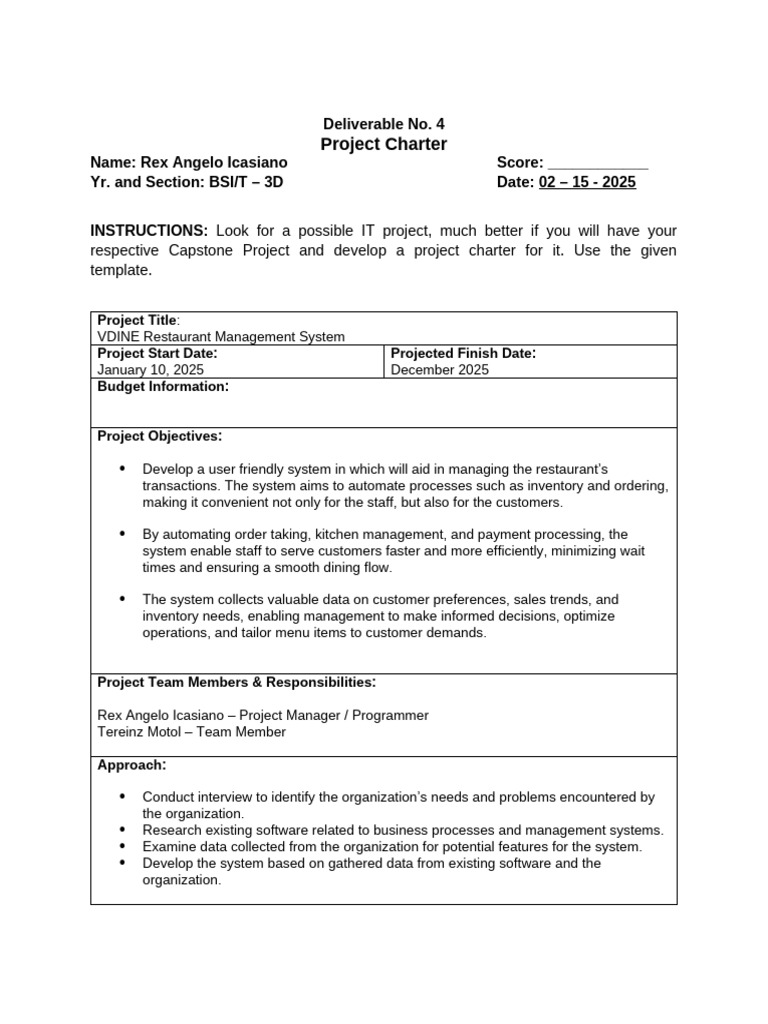 VDINE Restaurant Management System Charter | PDF | Information Science ...