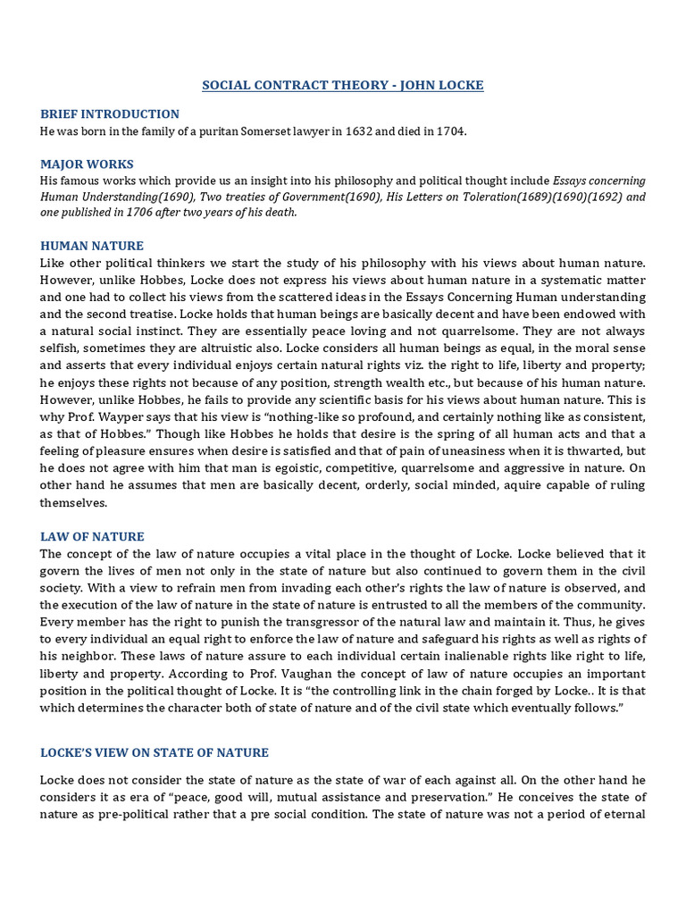 Locke's Social Contract Theory Explained | PDF | Human Nature | John Locke