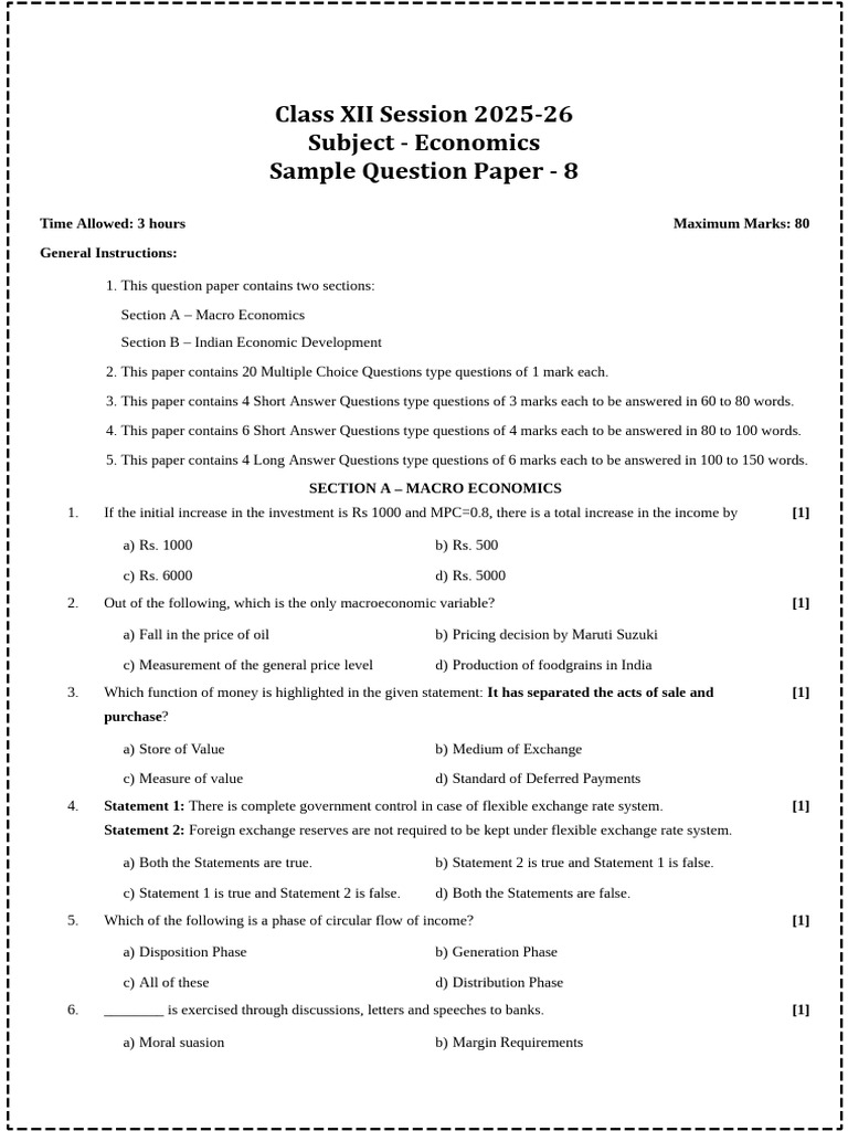 Economics Exam Question Paper 2025-26 | PDF | Fiscal Multiplier | Banks