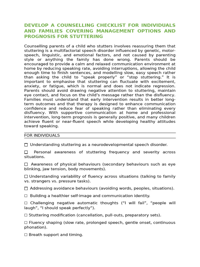 Counselling Checklist 2 | PDF | Stuttering | Mental Health