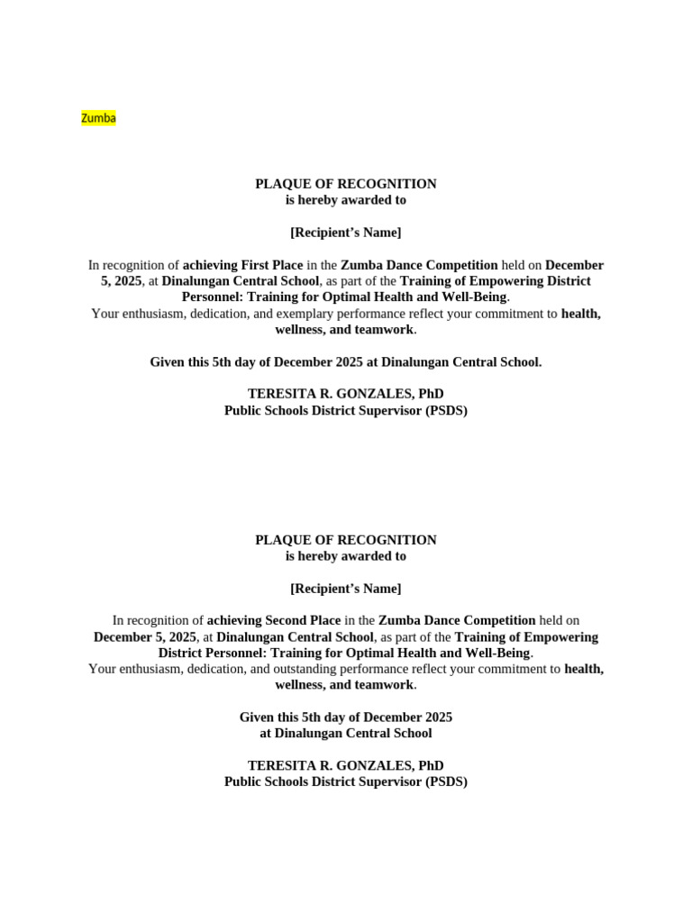 Plaque of Recognition Zumba Talentado | PDF