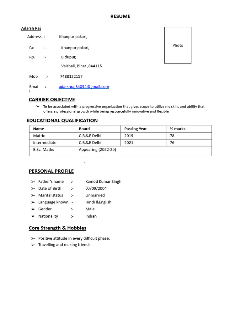 Adarsh Raj Resume - B.Sc. Student | PDF