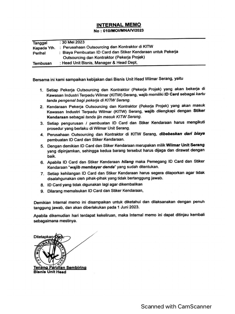 Internal Memo ID Card Dan Stiker Juni 2023 | PDF