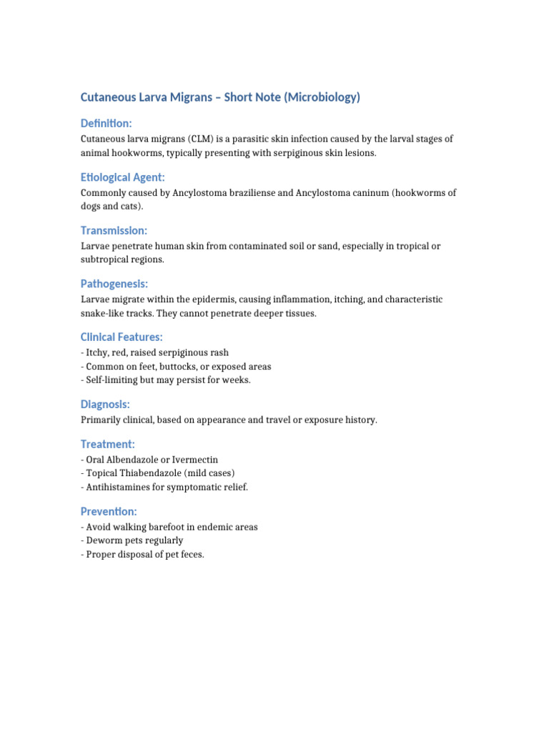 Cutaneous Larva Migrans Overview | PDF
