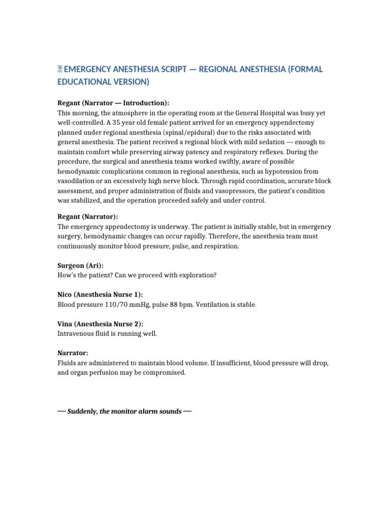 English - Emergency Anesthesia Script | PDF | Anesthesia | Blood Pressure