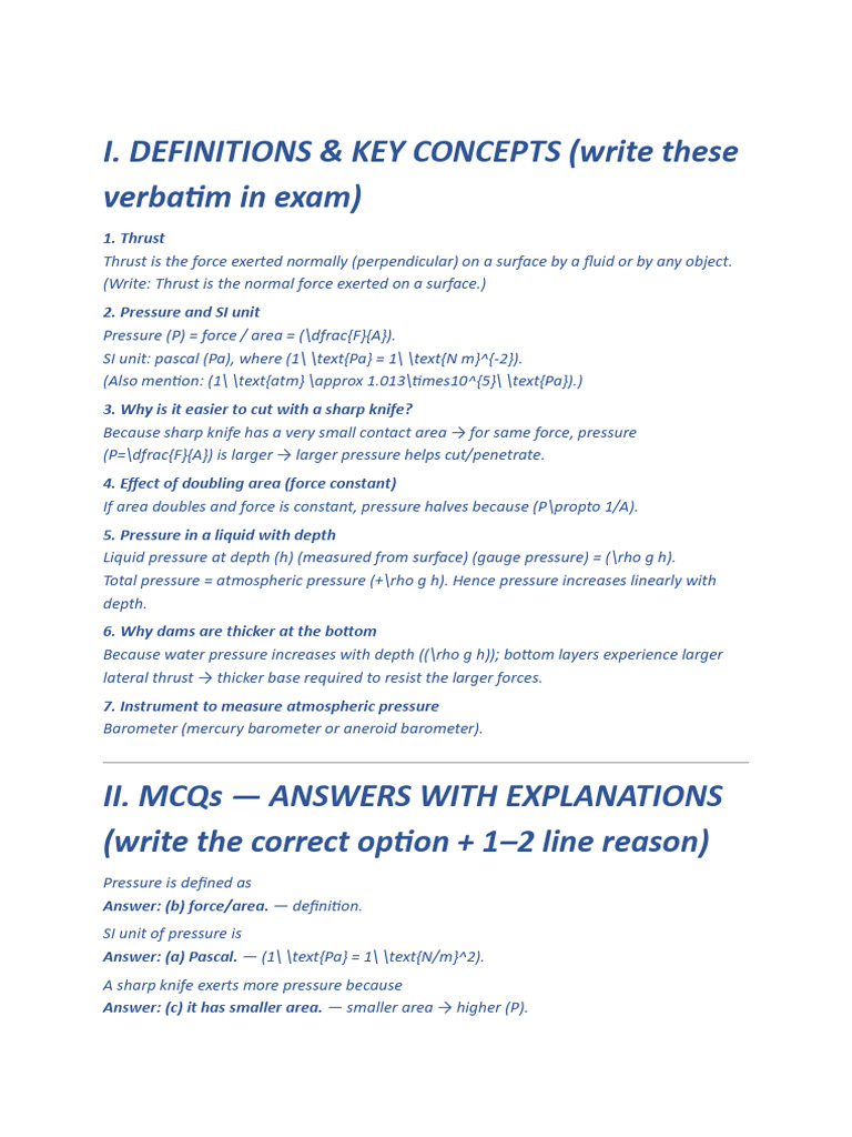 Understanding Pressure and Thrust Concepts | PDF | Buoyancy | Pressure