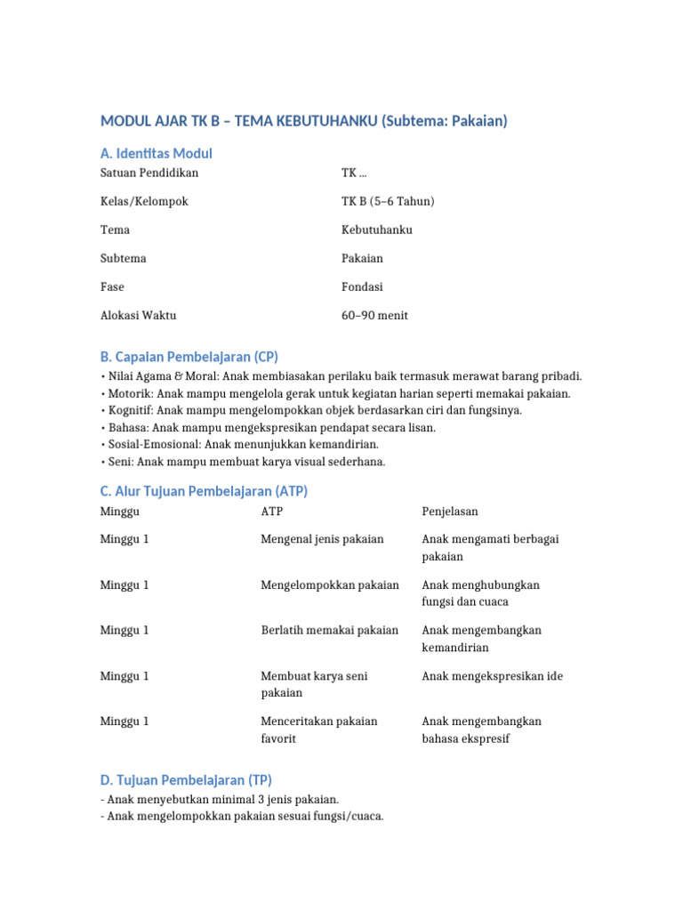 Modul Ajar TK B: Pakaian dan Kemandirian | PDF