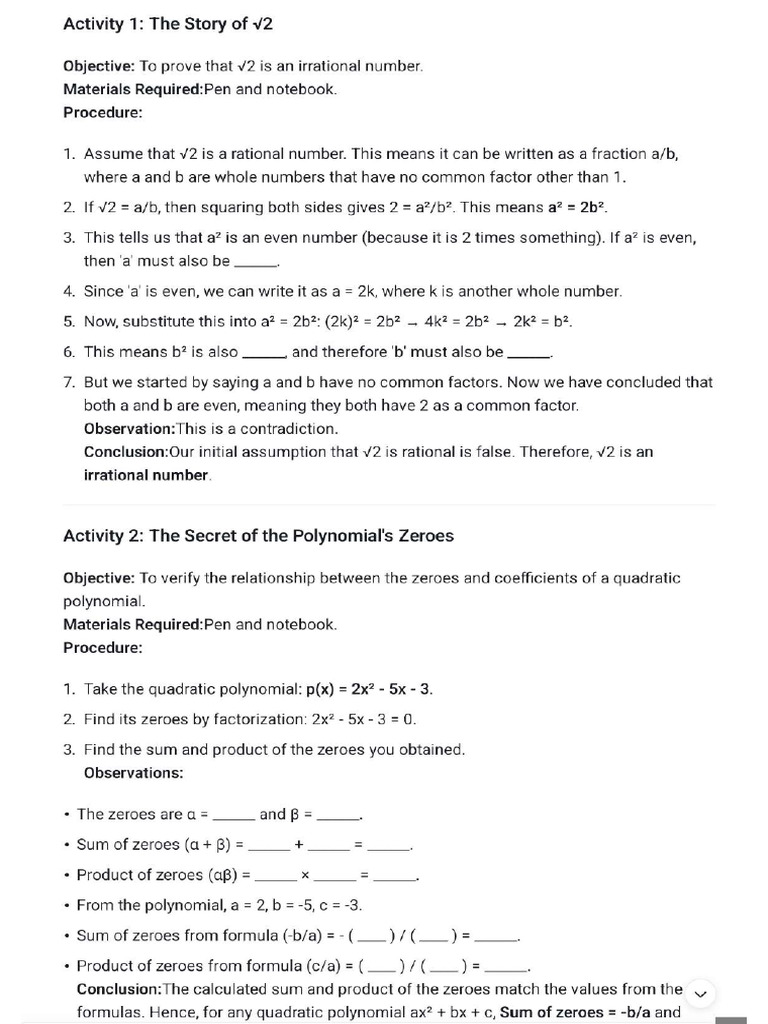 Class 10 Maths Activities | PDF
