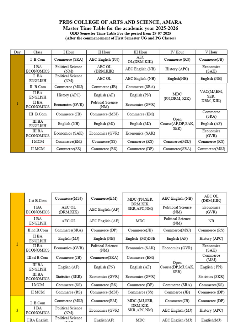 Master Timetable Eng 29 July Onwards | PDF | Economies