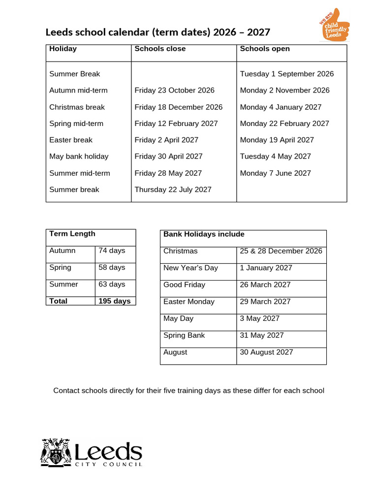 Leeds School Calendar 2026-2027 Dates | PDF