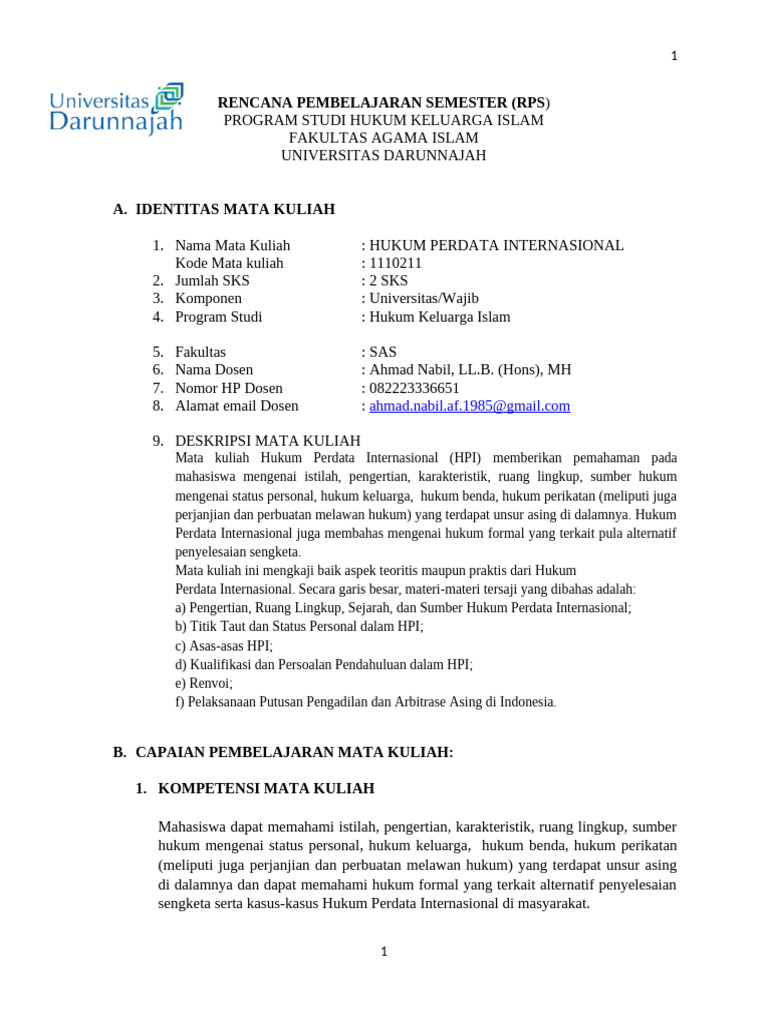 RPS-HKI Hukum Perdata Internasional (Nabil) | PDF