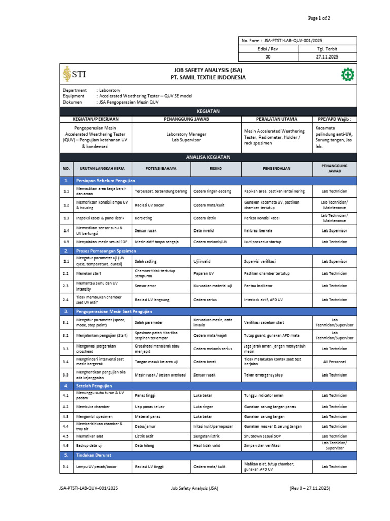 JSA Pengoperasian Mesin QUV di Laboratorium | PDF