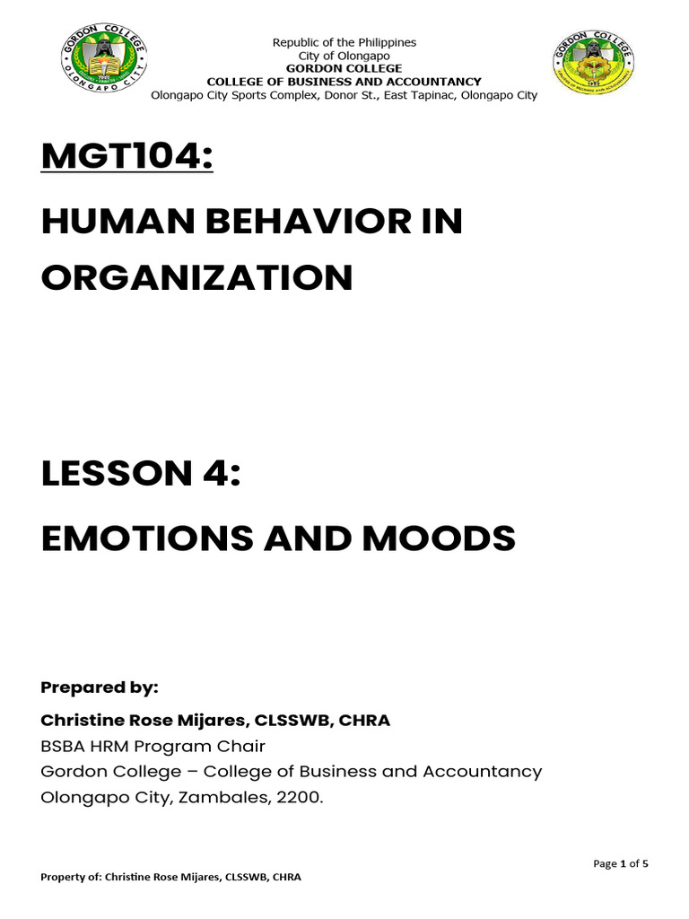 Mgt104 - Lesson 4 - Emotions and Moods | PDF | Emotions | Mental Health