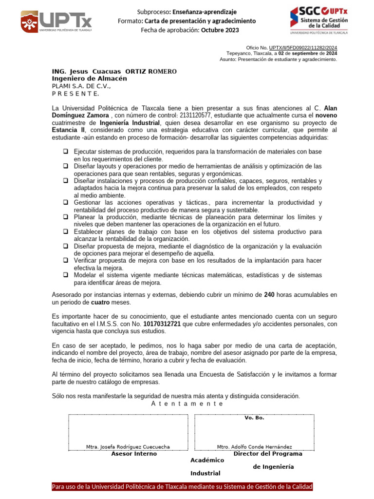 Carta de Presentacion Juan Carlos | PDF | Sistema de manejo de calidad ...