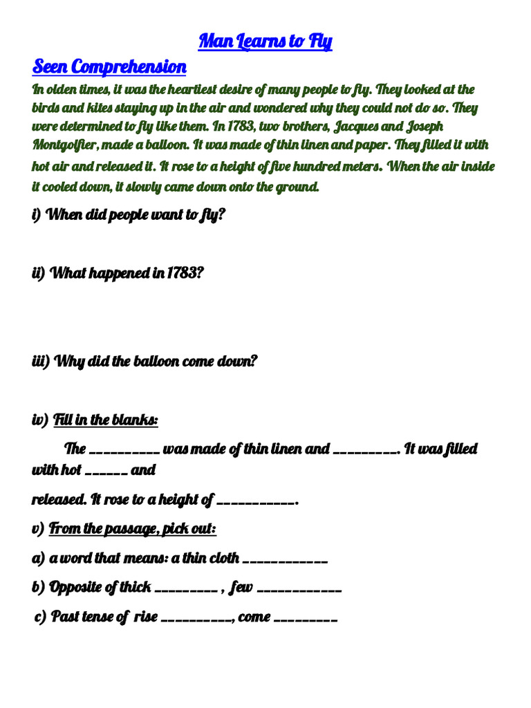 Man Learns To Fly (Seen Comprehension) | PDF