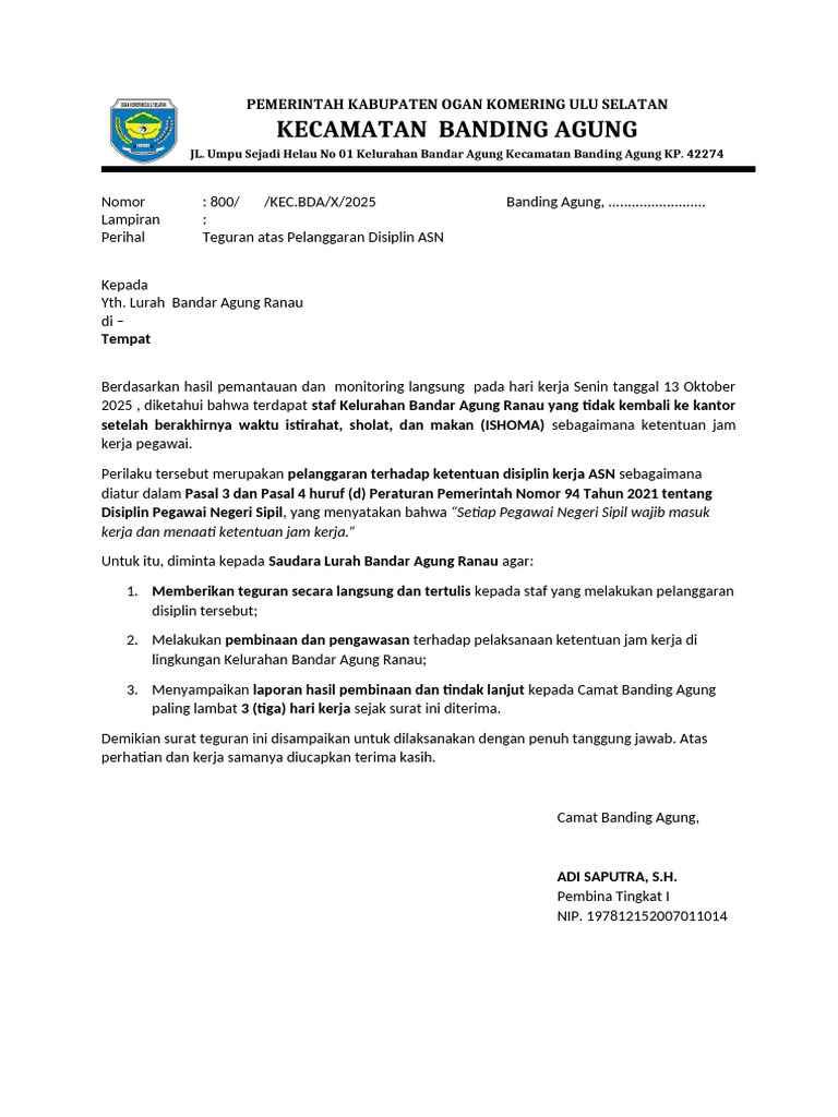 Teguran Disiplin ASN di Bandar Agung | PDF
