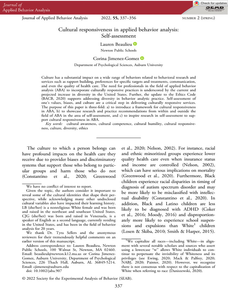 J of App Behav Analysis - 2022 - Beaulieu - Cultural Responsiveness in Applied Behavior Analysis ...