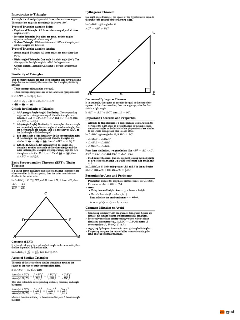 Class 10; Maths; Triangles; Cheatsheet | PDF | Triangle | Mathematics